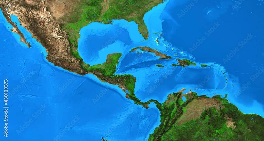 Physical map of Central America and the Caribbean. Detailed flat view ...