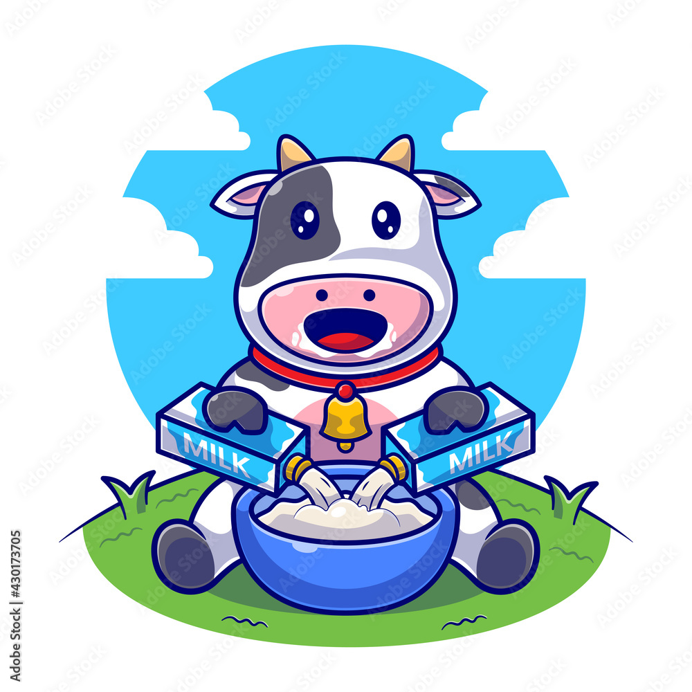 Vector de Stock Cute cow pouring milk box in bowl flat vector ...