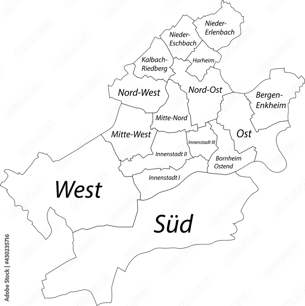 Simple blank white vector map with black borders and names of districts ...