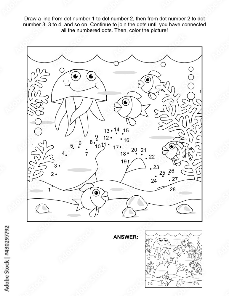 Connect the dots picture puzzle and coloring page, underwater life ...