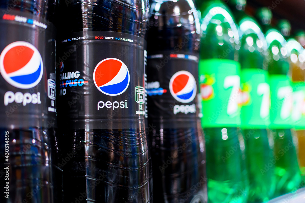 Manila, Philippines - July 2020: A row of Pepsi Max and 7up soda on ...