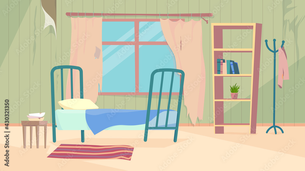 Old dirty room interior, banner in flat cartoon design. Abandoned ...