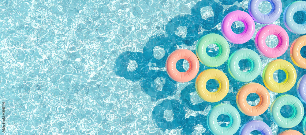 swimming pool seen from above with many rings floating Stock ...