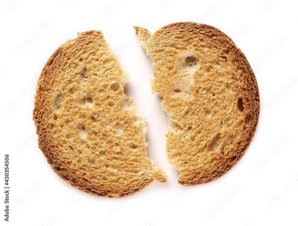 Round bread rusk broken in half, whole wheat toast isolated on white ...