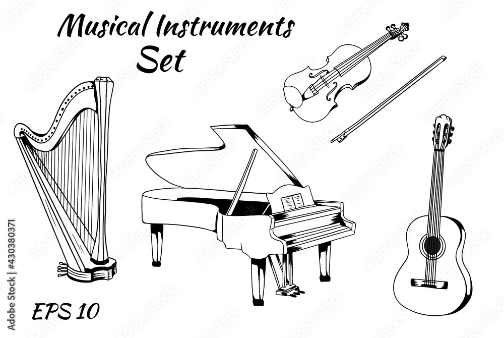 Vector set of musical instruments. Stringed Instruments Set Piano Harp ...