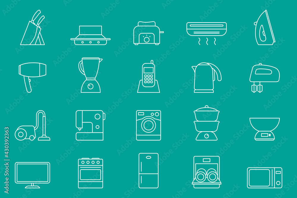 Home machines Icons set - Vector outline symbols of refrigerator ...