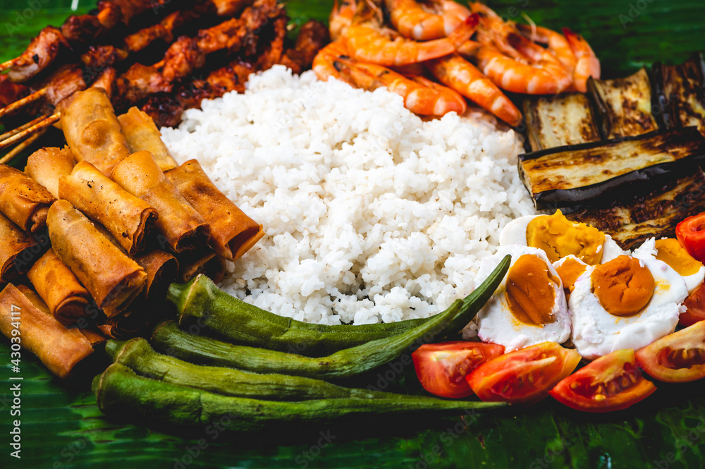 Boodle Fight- White Rice, Lumpiang Shanghai, Salted Egg, Tomato, Boiled ...