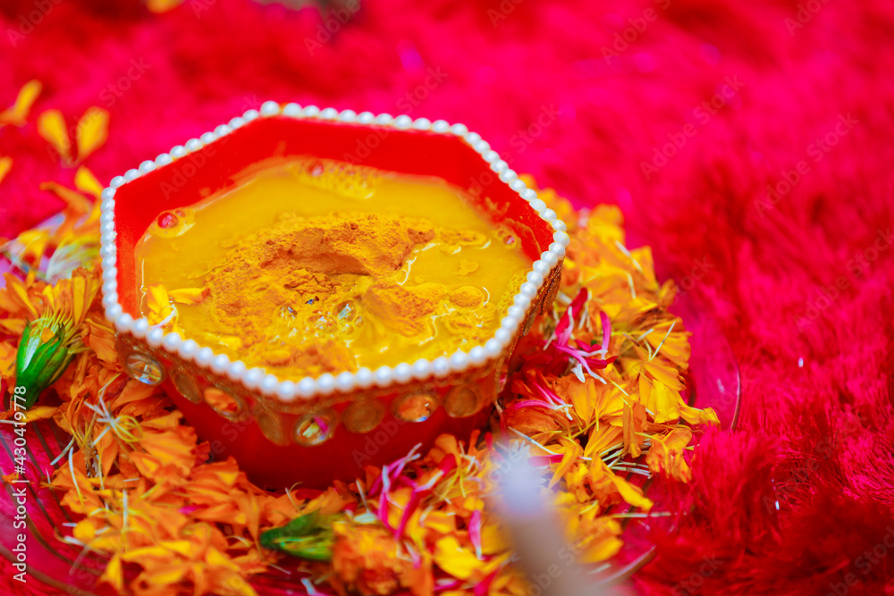 Traditional wedding ceremony in Hinduism: Turmeric in plate for haldi ...