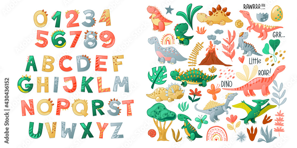 Cartoon cute Dinosaur alphabet. Dino font with letters and numbers ...