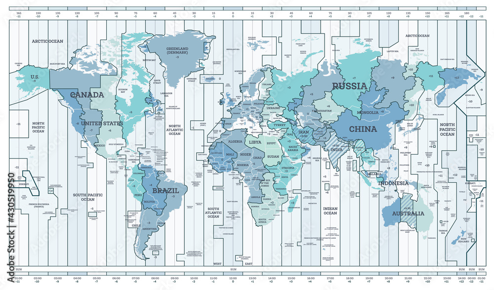 Time Zone Blue Map. Detailed World Map with Countries Names. 素材庫向量圖 ...