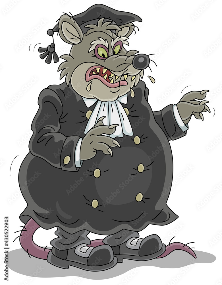 Spiteful fat rat judge in a black gown with an unjust accusation in a ...