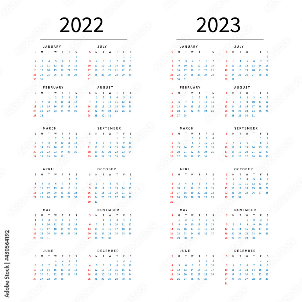 Mockup Simple calendar Layout for 2022 and 2023 year. Week starts from ...