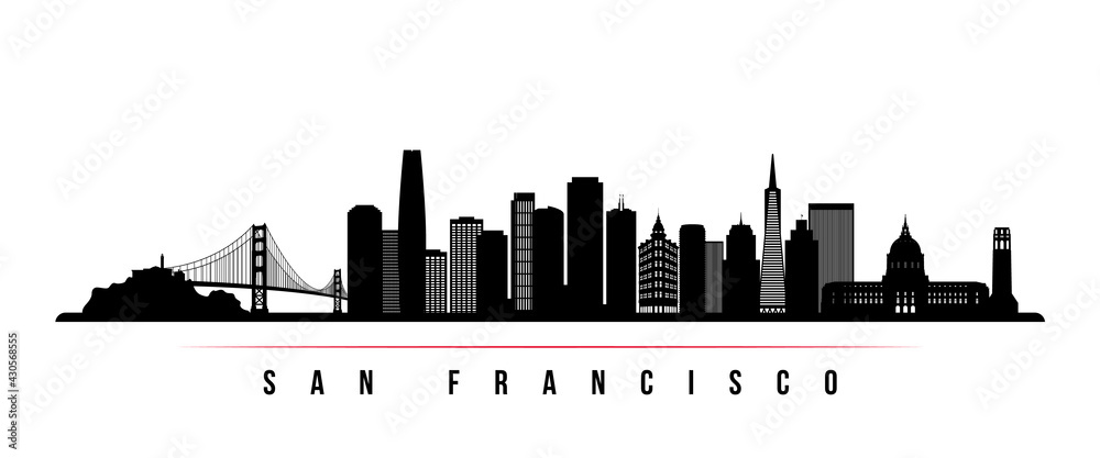 San Francisco skyline horizontal banner. Black and white silhouette of ...