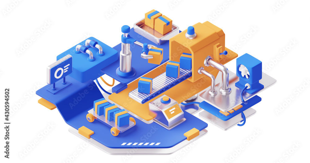 3d illustration of factory machine with conveyor and engineering robot ...