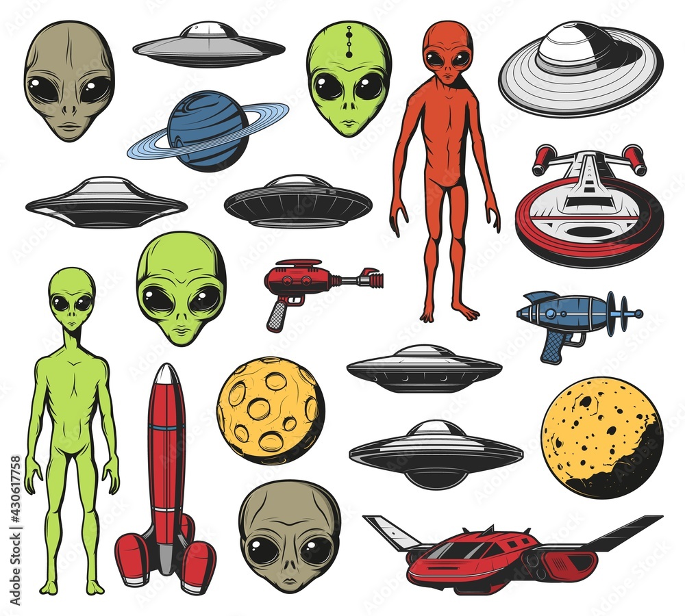 Aliens, ufo and space shuttles vector retro icons. Laser gun, saturn ...
