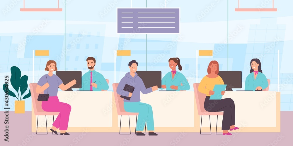 Clients in bank. Customer service counter with people and finance ...