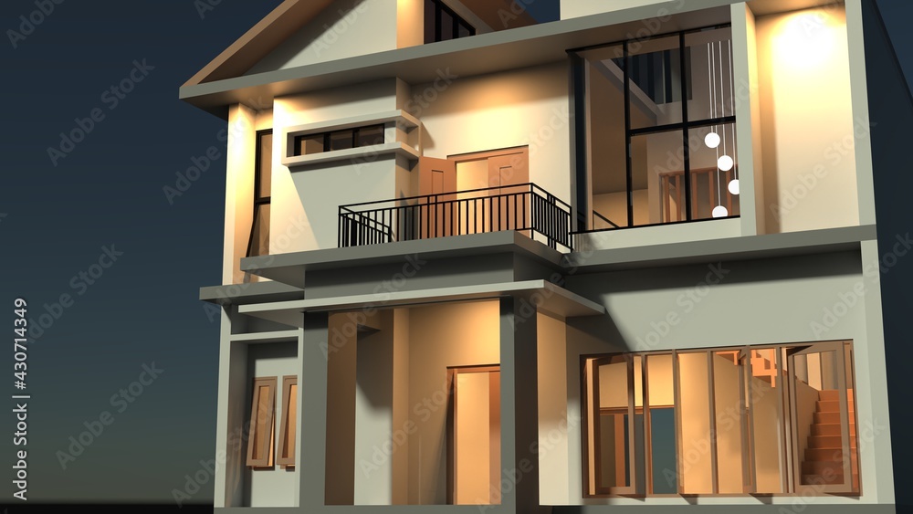 Generic modern house design 3d render illustrations in night view mode ...