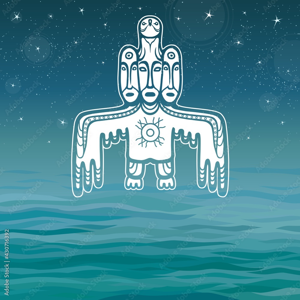 Animation image of ancient pagan deity. Bird with three human faces ...