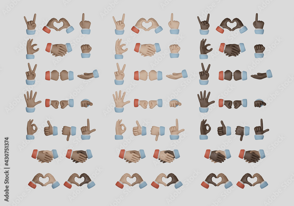 Most popular hand gestures in different skin colors. Cartoon style ...