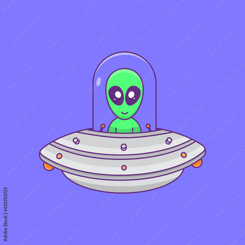 Aliens flying with ufo, cute alien flying with spaceship cartoon, Flat ...