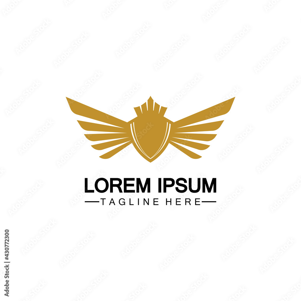 Golden winged shield with crown logo / heraldry symbol isolated white ...