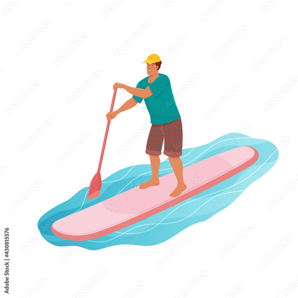Standing man is paddling with paddle board on the water. Sup boarding ...