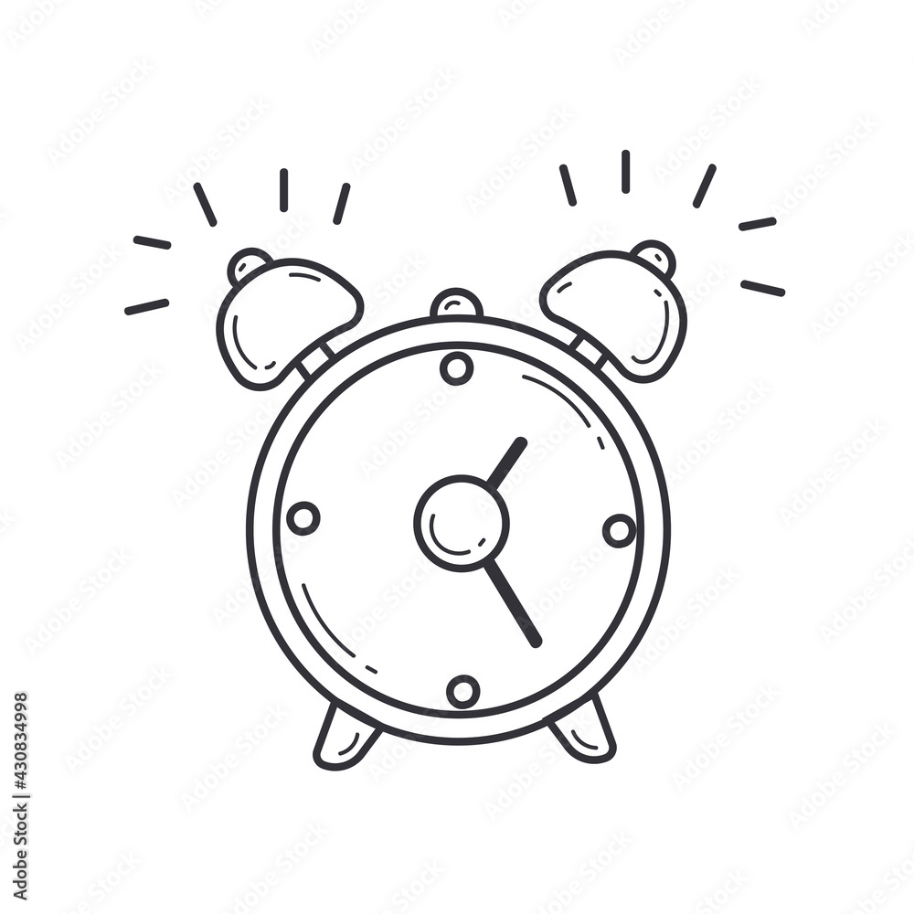 Doodle Ringing Vintage Alarm Clock with Bells in Sketch style. Hand ...
