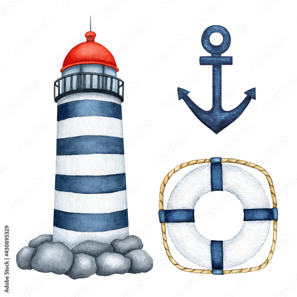 Watercolor Nautical set. Sea, ocean traveling . Blue white Lighthouse ...