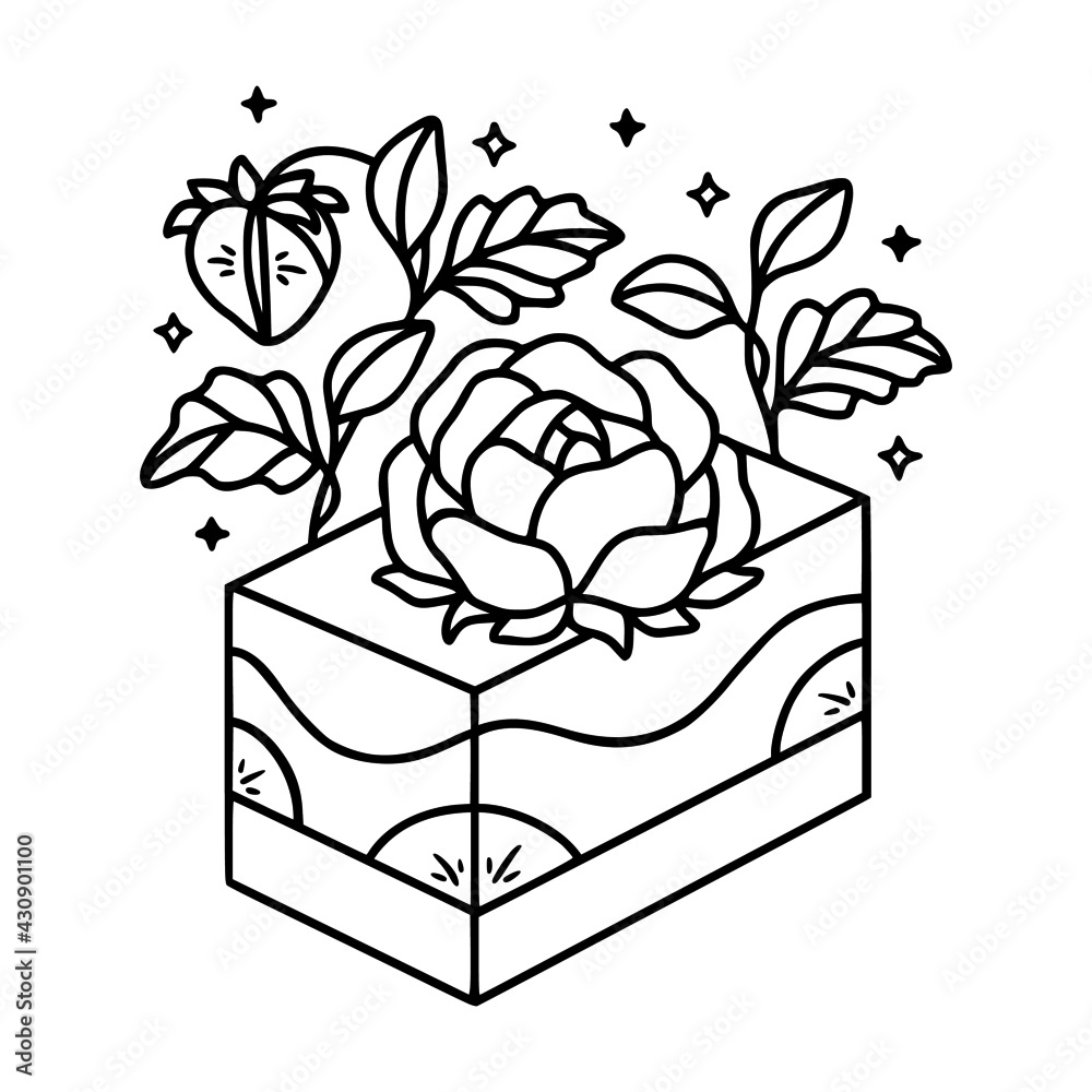 Cute cake, pastry, pudding, bakery elements with rose, peony flower ...