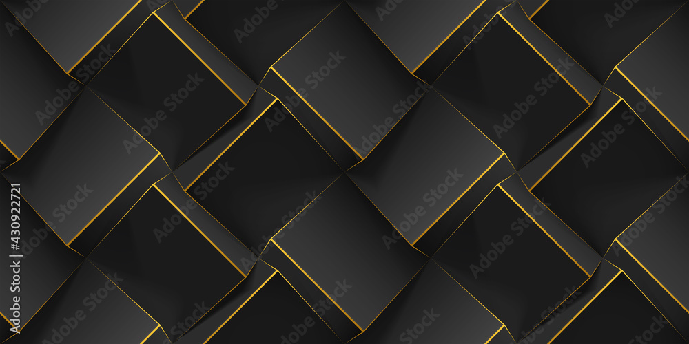 Dark Abstract Seamless Geometric Pattern Realistic 3d Cubes With Thin Golden Lines Template
