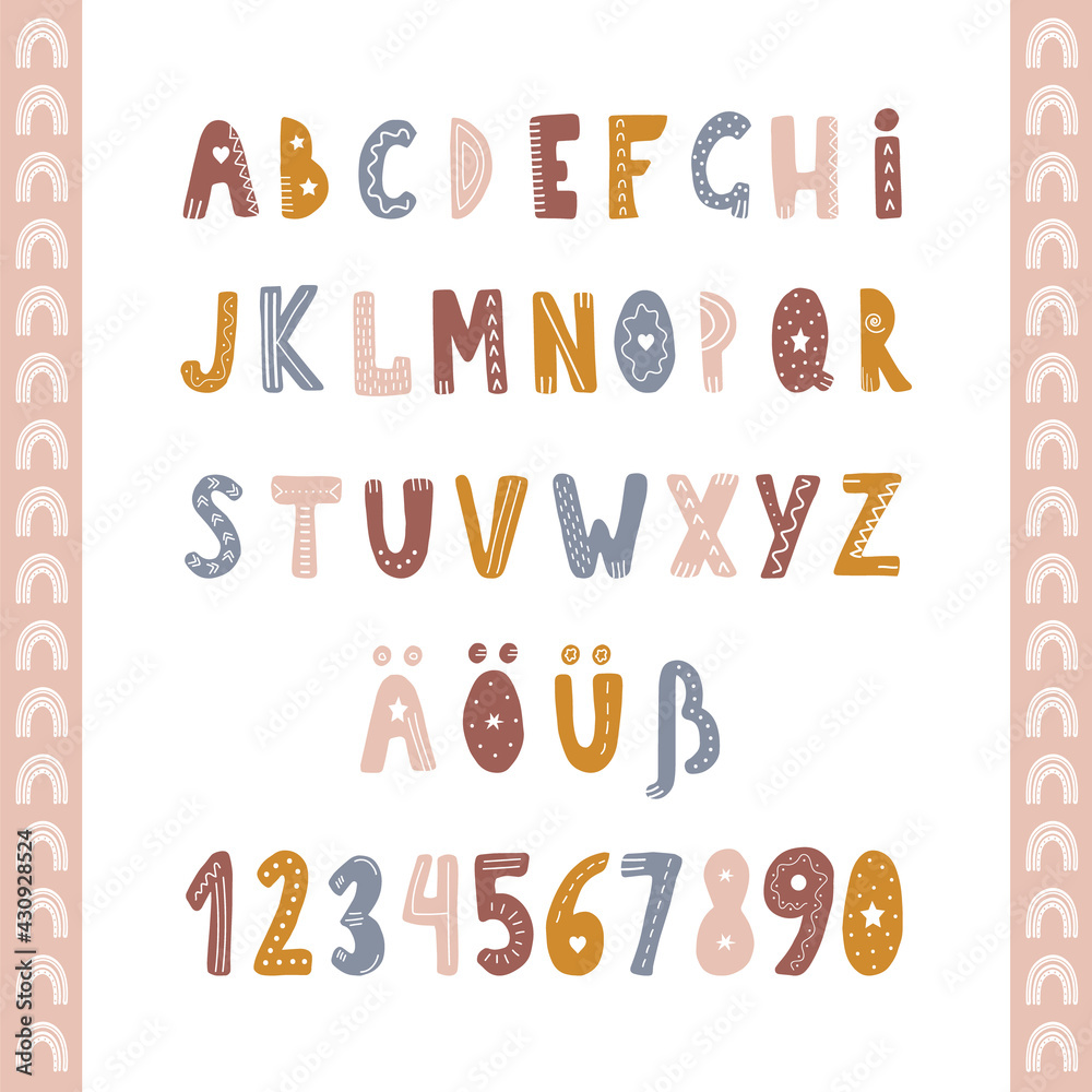 Hand drawn german alphabet in boho style. Cute childish letters and ...