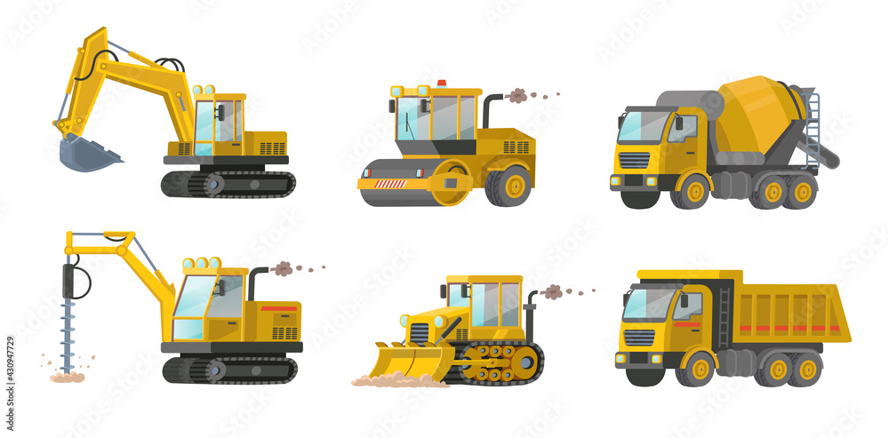 Construction equipment set. Construction site transport, truck ...