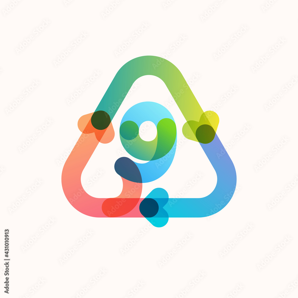 Number nine logo inside triangular shaped recycling symbol with arrows ...