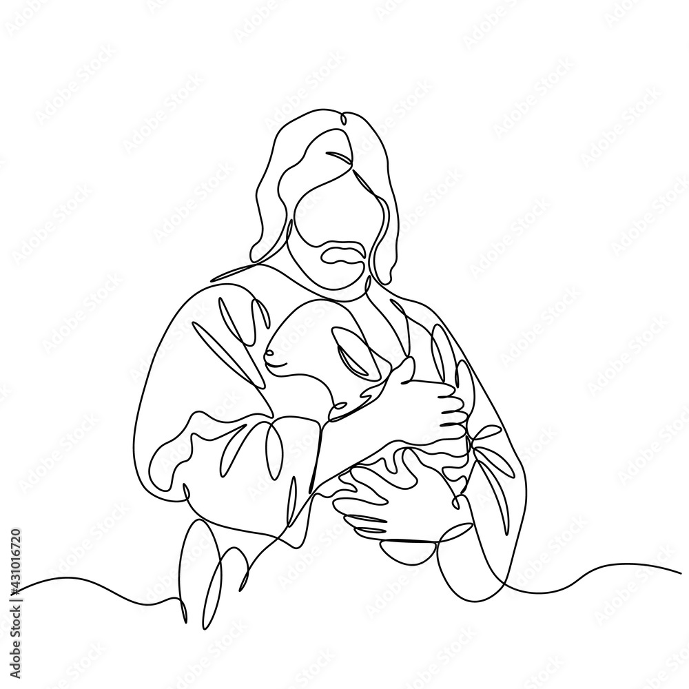 One continuous one drawn line art doodle of a spiritual Jesus Christ ...