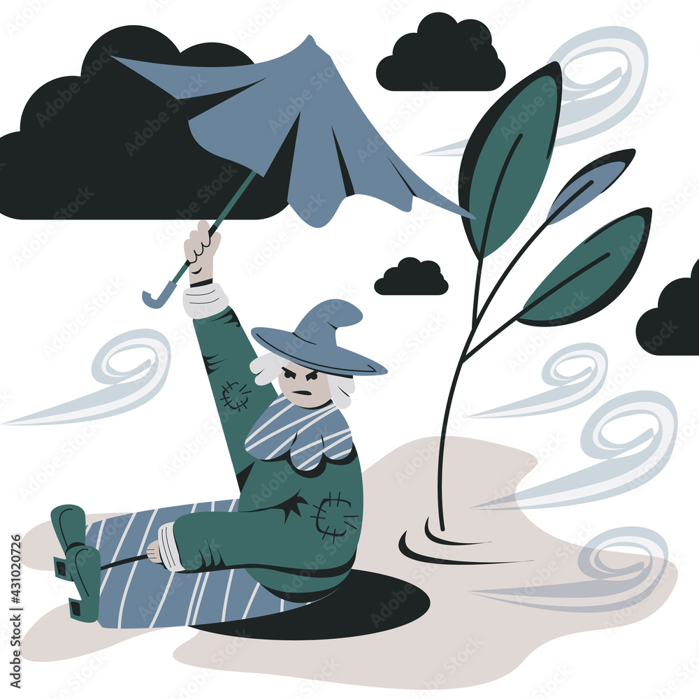Vector illustration of a sad character with an umbrella and a strong ...