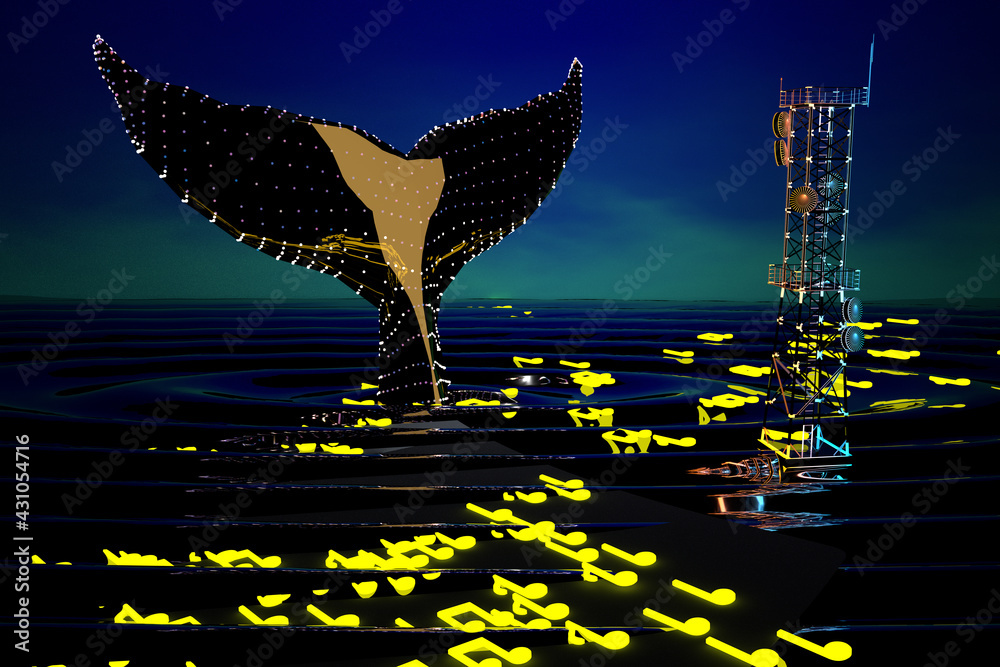Whales tale in ocean with floating music symbols next to radio ...