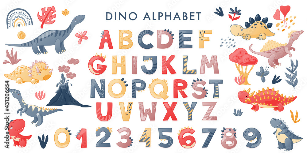 Vector de Stock Cartoon cute Dinosaur alphabet. Dino font with letters ...