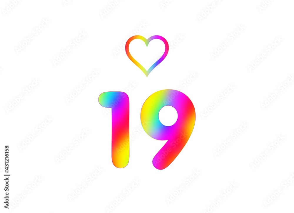 19th birthday card illustration with multicolored numbers isolated in ...