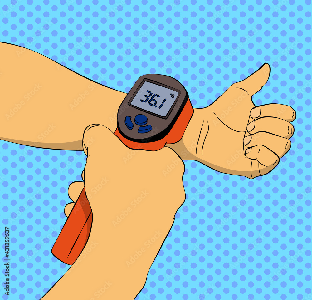 Touchless temperature check. Vector illustrated comic book style body ...