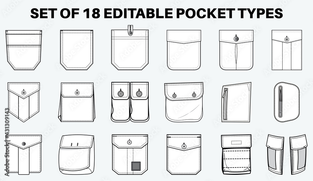 Patch pocket flat sketch vector illustration set, different types of ...
