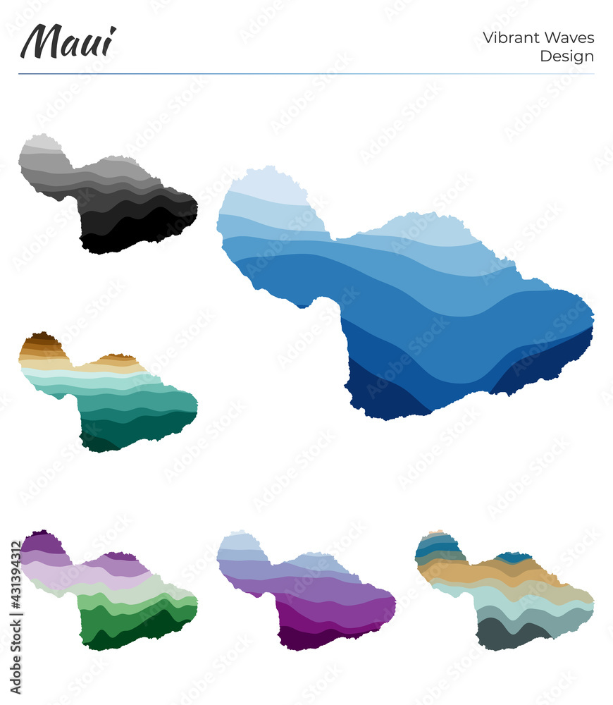 Set of vector maps of Maui. Vibrant waves design. Bright map of island ...