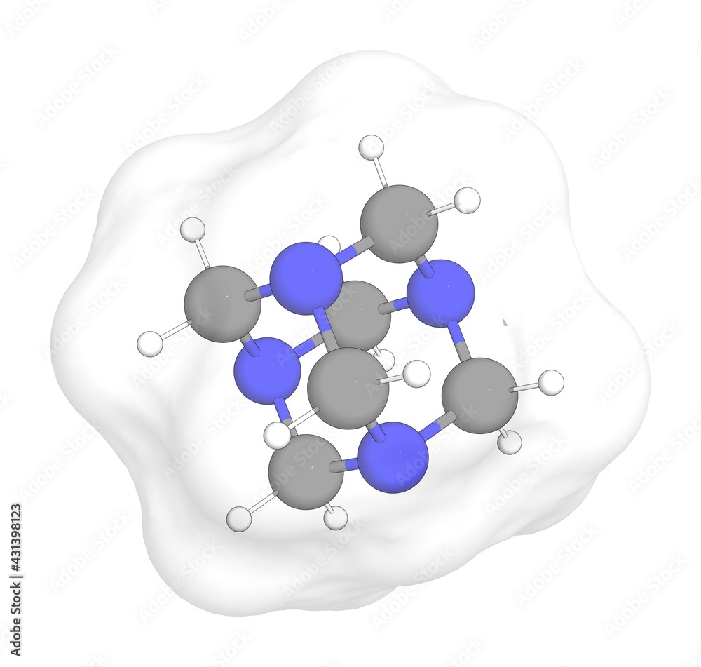 3D rendering of Methenamine with white transparent surface over a white ...