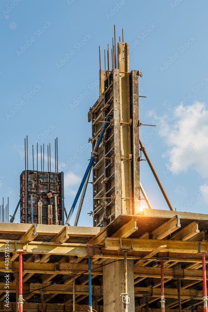 Extensive scaffolding providing platforms for work in progress on a new ...