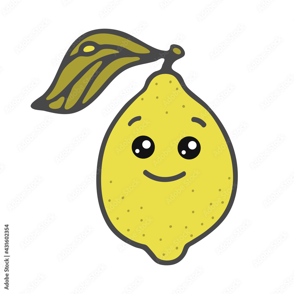Kawaii Lemon with smiling face Vector Illustration. Cute happy tropical ...