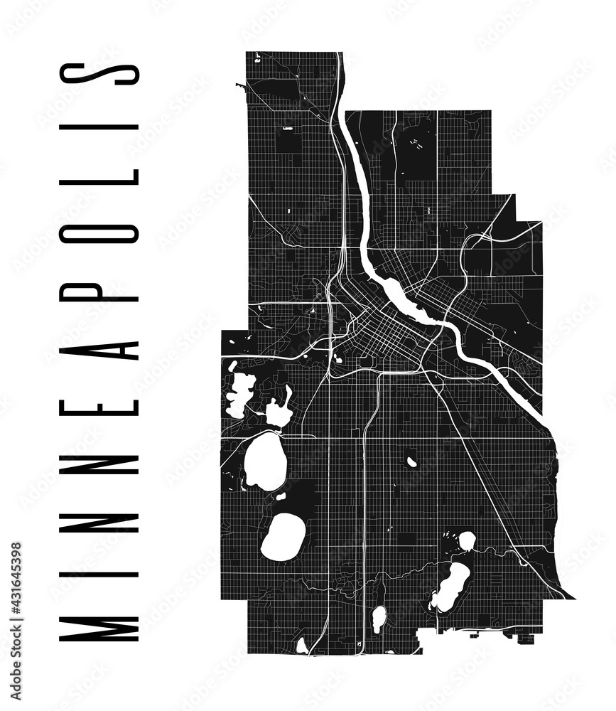 Minneapolis map. Detailed map of Minneapolis city poster with streets ...