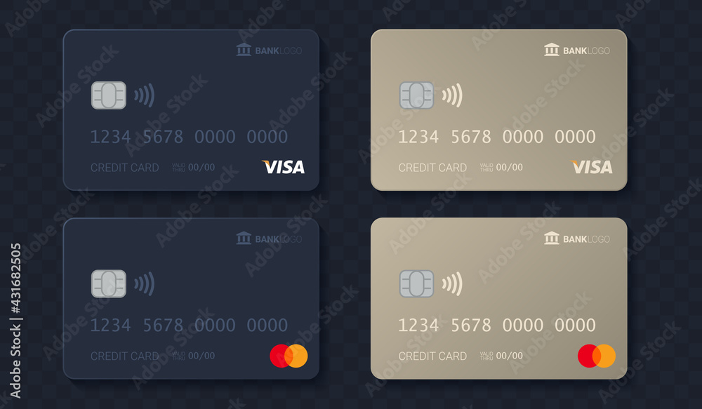 Credit card mockup set. Gold and grey visa and mastercard vector ...
