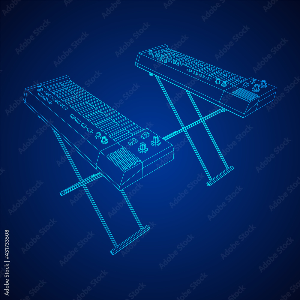 Piano roll analog synthesizer faders buttons knobs. Wireframe low poly ...