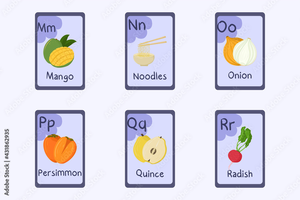 Colorful alphabet flashcard Letter M, N, O, P, Q, R - mango, noodles ...
