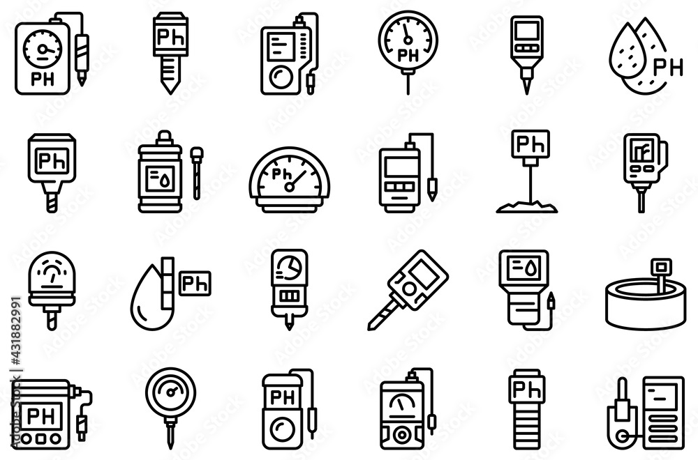Ph meter icons set. Outline set of ph meter vector icons for web design ...