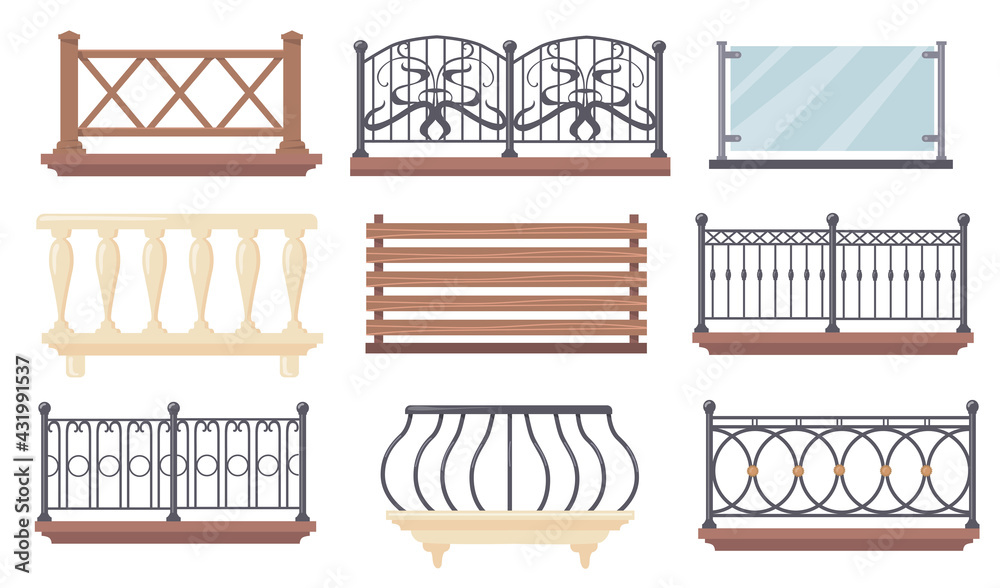 Vintage and modern balcony railings vector illustrations set. Iron ...